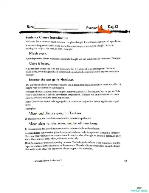 Lesson 5: Sentence Clause Introduction Pg 64-65. Interactive worksheet ...
