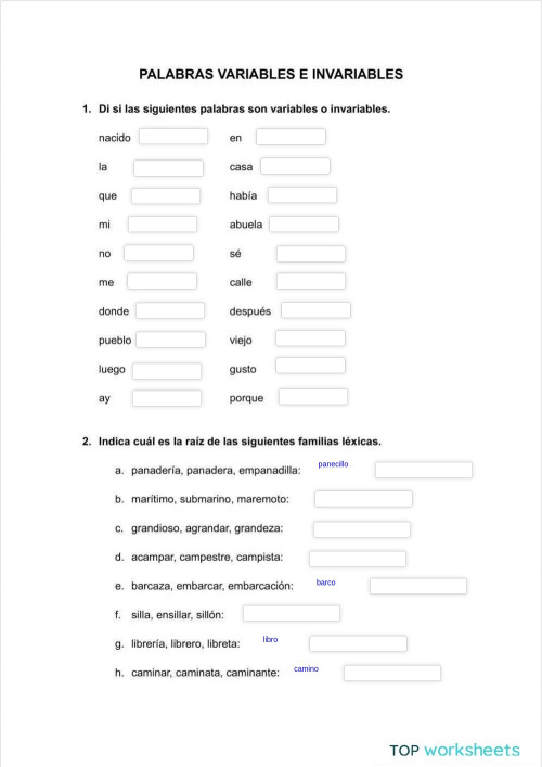 Palabras variables e invariables. Ficha interactiva | TopWorksheets