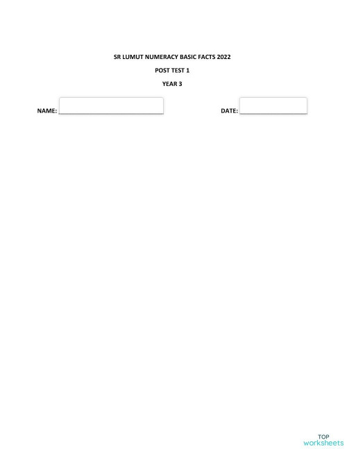 Year 3 Numeracy Basic Facts Post Test 1. Interactive worksheet ...
