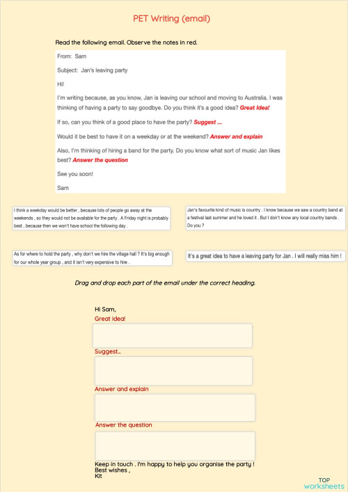 PET Writing test. Part 1: Email. Interactive worksheet | TopWorksheets