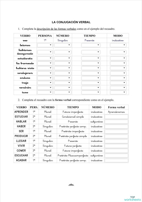 La conjugación verbal: fichas interactivas y ejercicios online | TopWorksheets