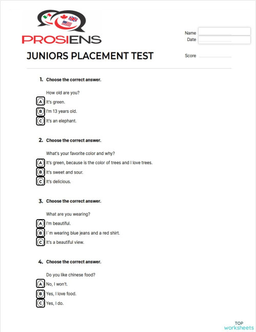 JUNIORS TEST. Interactive worksheet | TopWorksheets