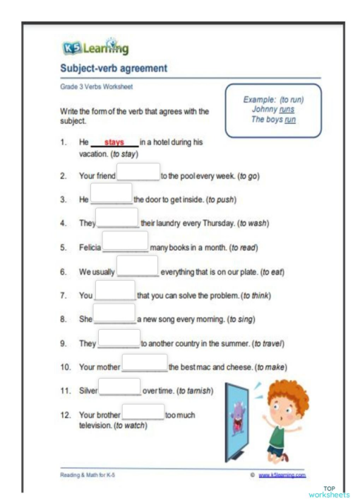 Subject and Verb Agreement. Interactive worksheet | TopWorksheets
