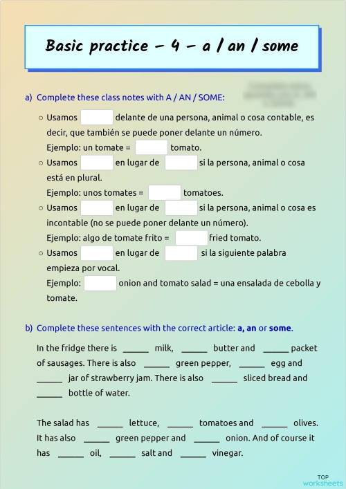 Basic practice 4 - a, an, some. Interactive worksheet | TopWorksheets
