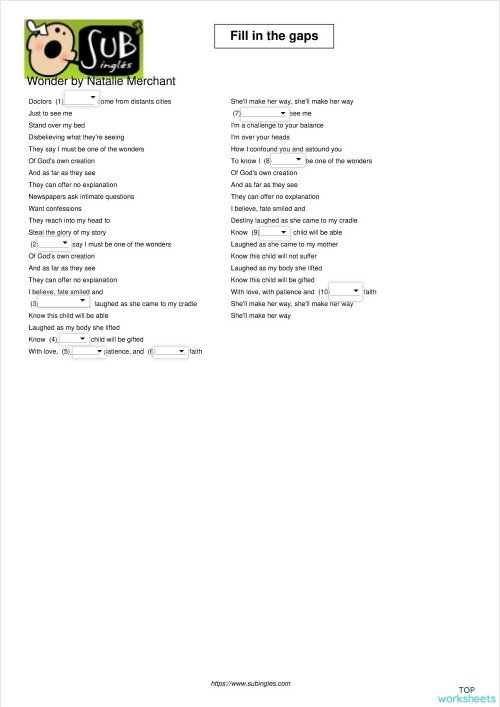 Wonder by Natalie Merchant. Interactive worksheet | TopWorksheets