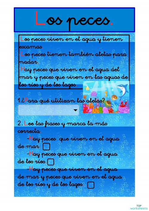 Comprensión lectora. Los peces.. Ficha interactiva | TopWorksheets