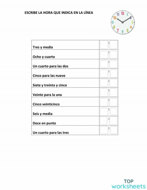 Escribir La Hora Indicada Ficha Interactiva Topworksheets