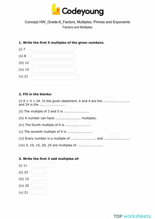 Factors and Multiples Concept HW. Interactive worksheet | TopWorksheets
