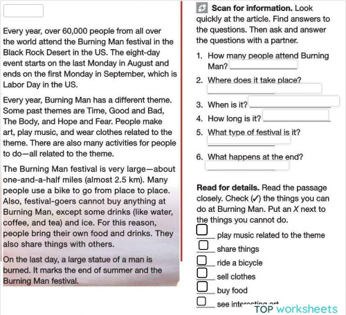 Reading Comprehension basic 03 Burning man. Interactive worksheet ...