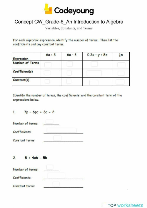 Variables Constants And Terms Concept Cw Interactive Worksheet Topworksheets