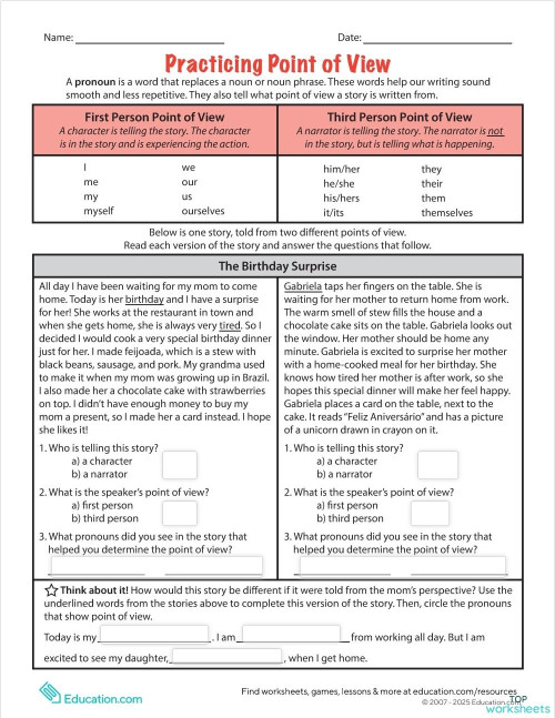 Homework- Point of View- October 2. Interactive worksheet | TopWorksheets