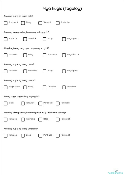 Mga hugis (Tagalog). Interaktibong worksheet | TopWorksheets
