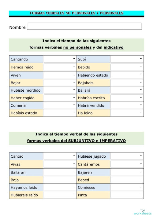 Formas verbales no personales y personales. Ficha interactiva ...