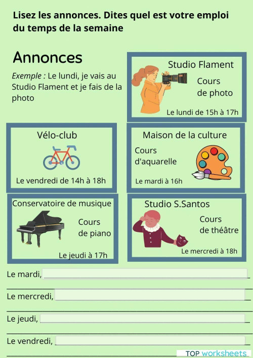 L'emploi du temps. Fiche interactive | TopWorksheets