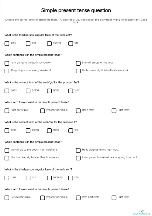 Simple present tense question. Interactive worksheet | TopWorksheets