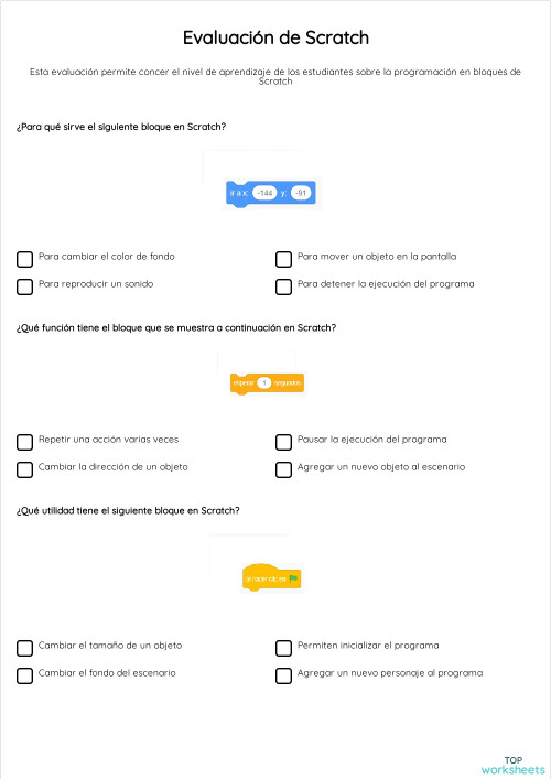 Evaluación de Scratch. Ficha interactiva | TopWorksheets