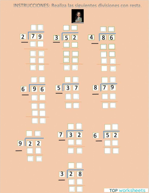 División con resta. Ficha interactiva | TopWorksheets