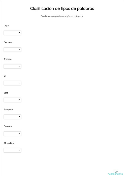 Clasificacion de tipos de palabras. Ficha interactiva | TopWorksheets