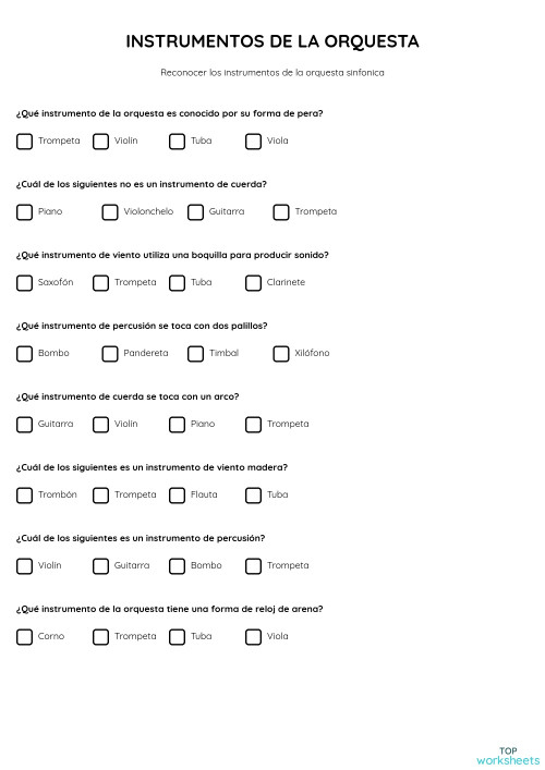 INSTRUMENTOS DE LA ORQUESTA. Ficha interactiva | TopWorksheets