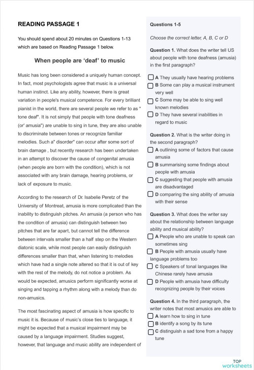 IELTS Reading - When people are deaf to music - Y/N/NG - MATCHING ...