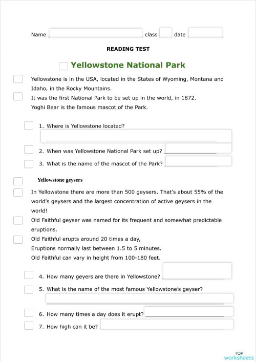 Yellowstone Reading Test. Interactive worksheet | TopWorksheets