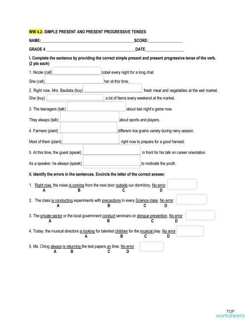 Written Work 4.2 Simple Present and Present Progressive Tense ...