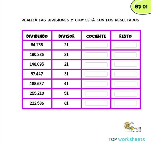Divisiones por 2 cifras. Ficha interactiva | TopWorksheets