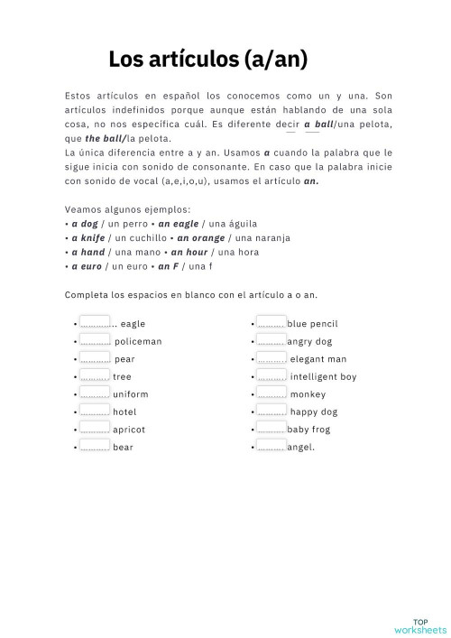 Articles: a/an. Interactive worksheet | TopWorksheets