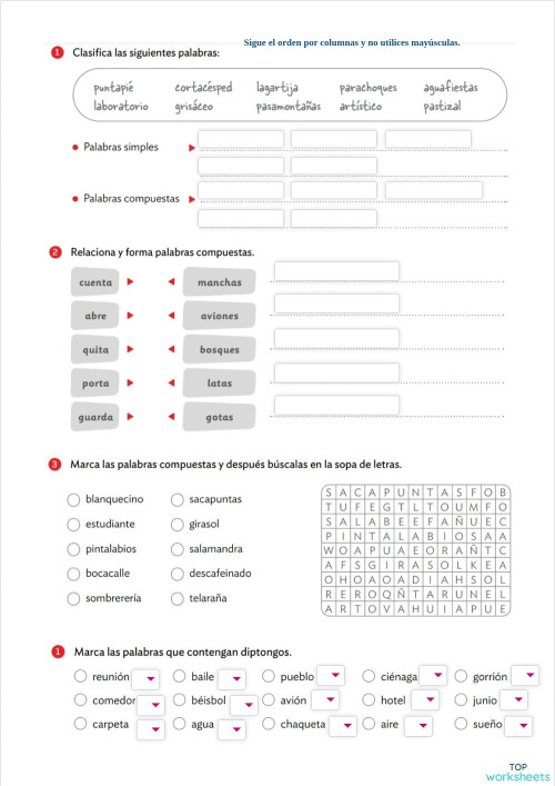 Diptongos e hiatos: fichas interactivas y ejercicios online | TopWorksheets