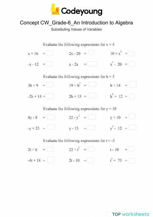 Substituting Values of Variables Concept CW. Interactive worksheet ...