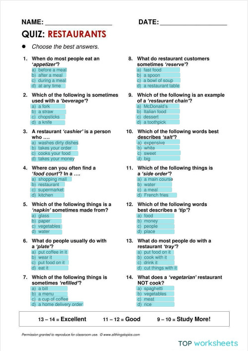 Restaurants Quiz. Interactive worksheet | TopWorksheets
