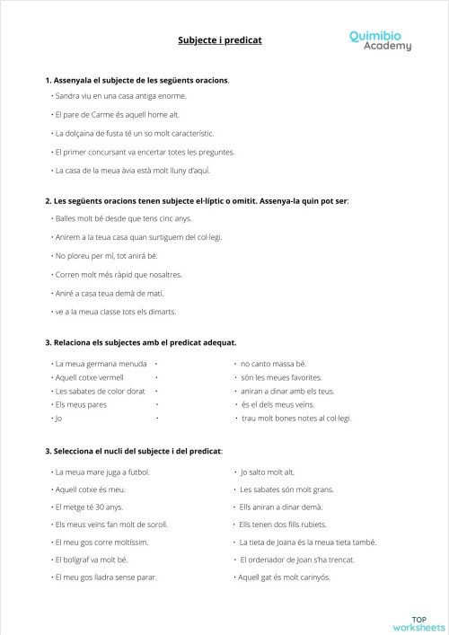 Subjecte i predicat. Fitxa interactiva | TopWorksheets