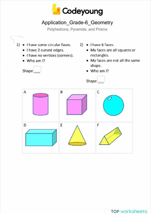 Polyhedrons, Pyramids, and Prisms Application. Interactive worksheet | TopWorksheets