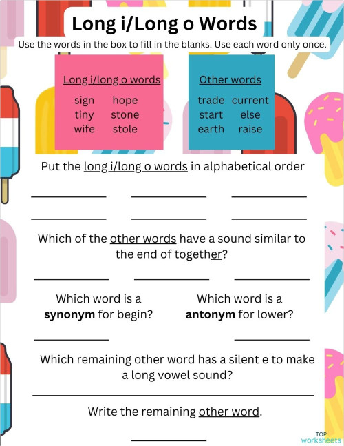 Long i/Long o Words. Interactive worksheet | TopWorksheets
