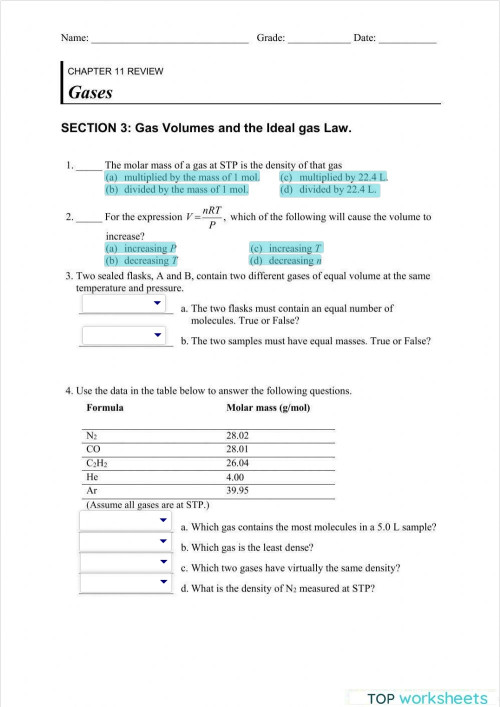 Gas volumes and the Ideal gas law. Interactive worksheet | TopWorksheets