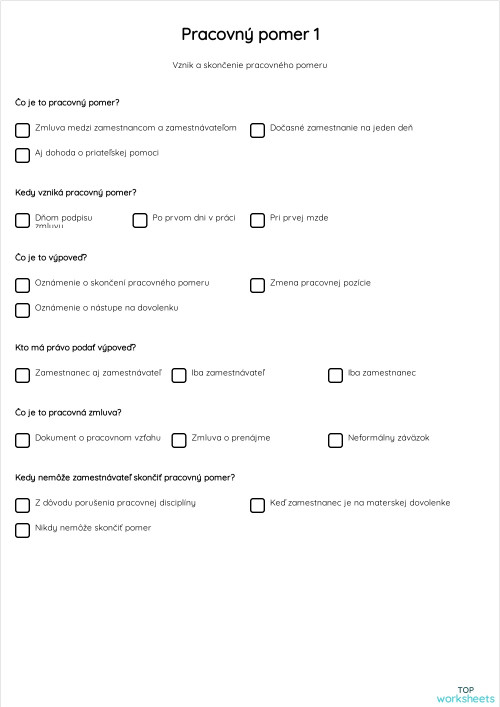 Pracovný pomer 1. Interactive worksheet | TopWorksheets