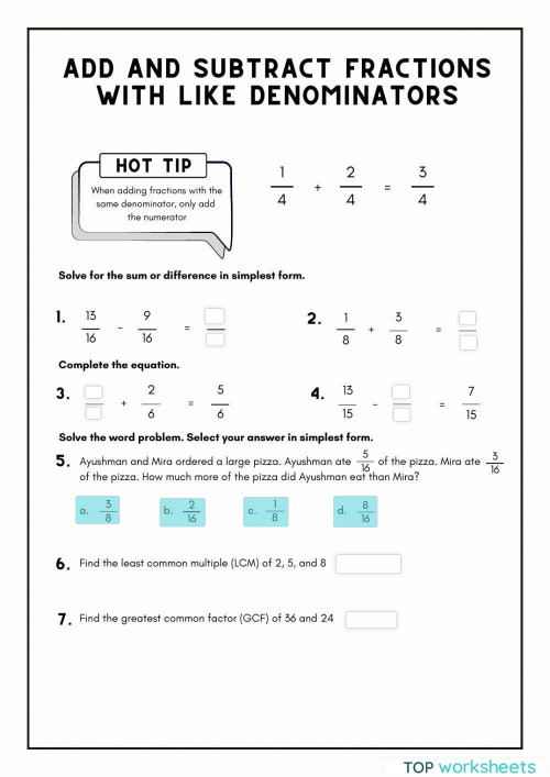 Add and Subtract Fractions with Like Denominators. Interactive ...