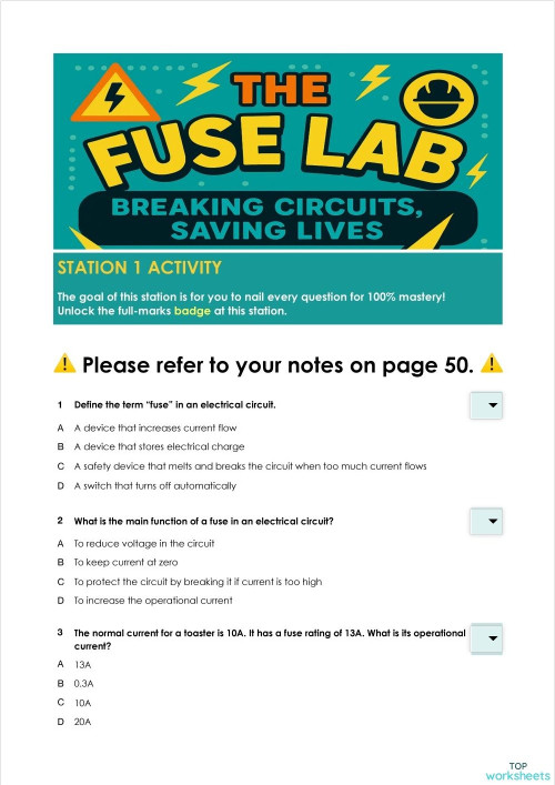 Station 1: The Fuse Lab. Interactive worksheet | TopWorksheets