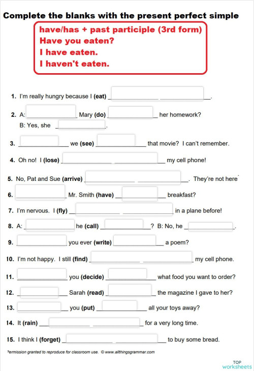 Homework 19.12 - Present Perfect Simple. Interactive worksheet ...
