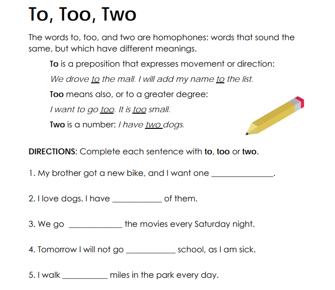 Homophones: To, Too, & Two. Interactive worksheet | TopWorksheets
