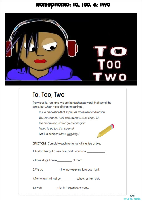 Homophones: To, Too, & Two. Interactive worksheet | TopWorksheets