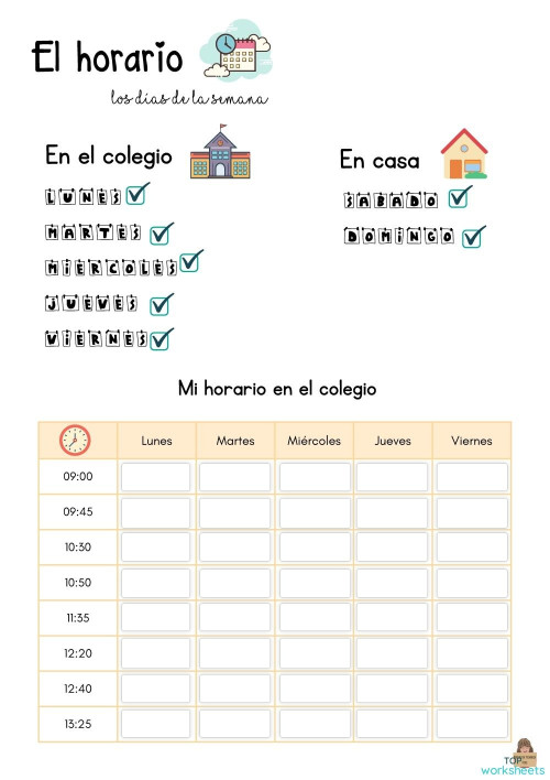 Mi horario. Ficha interactiva | TopWorksheets