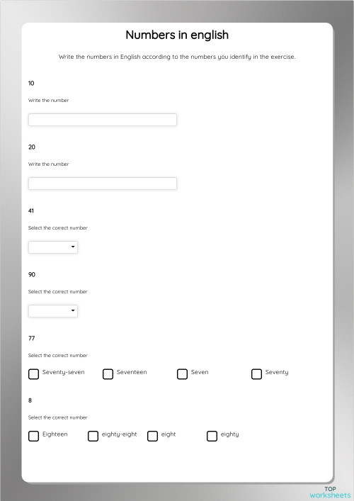 Numbers in english. Interactive worksheet | TopWorksheets