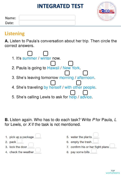 February Integrated Test. Interactive worksheet | TopWorksheets