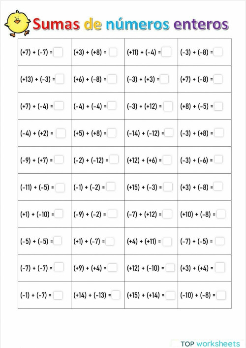 Suma de números enteros. Ficha interactiva | TopWorksheets