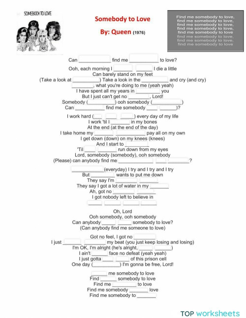 Somebody to Love - by Queen. Interactive worksheet | TopWorksheets