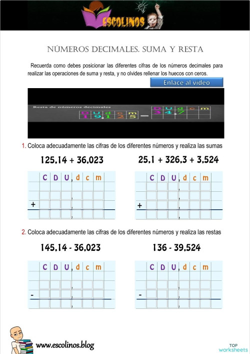 Decimales. Suma y resta. Ficha interactiva | TopWorksheets