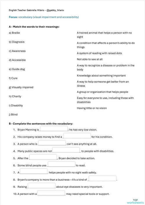 VOCABULARY - Visual impairment and accessibility. Interactive worksheet ...
