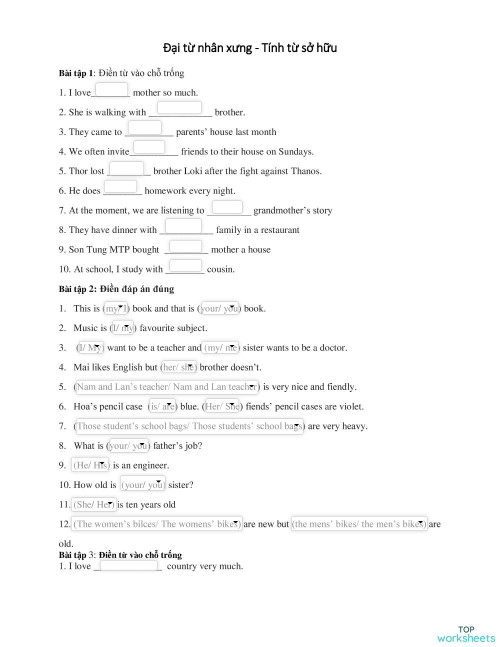 Bài 2: Tính từ, đại từ sở hữu. Interactive worksheet | TopWorksheets