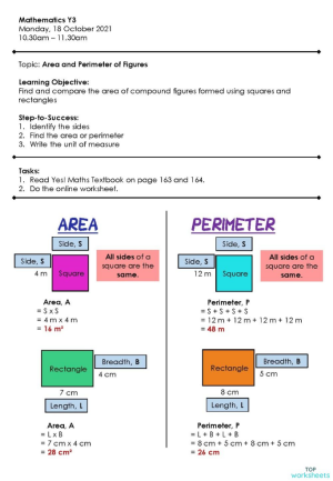 Perimeter and Area of Figures Y3. Interactive worksheet | TopWorksheets